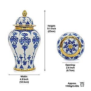 BALIOS Decor Handmade Gold Trim Blue and White Porcelain Fuchsia Flowers Ginger Jar with Lid, 9.1”H x 4.9”W, Decorative Ceramic Bud Vase for Home Décor