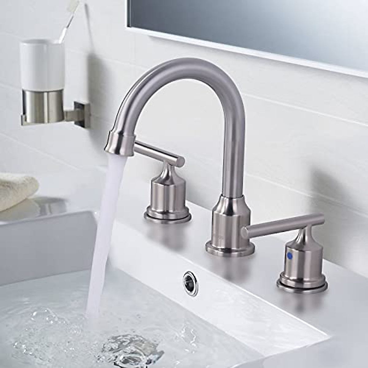 WOWOW Widespread Bathroom Faucet Brushed Nickel Bathroom Sink Faucet 8 inch Vanity Faucet 2 Handle 3 Holes Deck Mount Brass RV Bathroom Faucets with Drain
