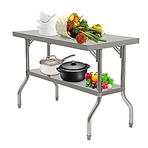 2-Layer Stainless Steel Table Metal Work Table for Kitchen Prep Utility Commercial Worktable Workstation 48 * 24 * 33.5 Inch Folding Commercial Prep Table, Heavy-Duty Stainless Steel Folding Table
