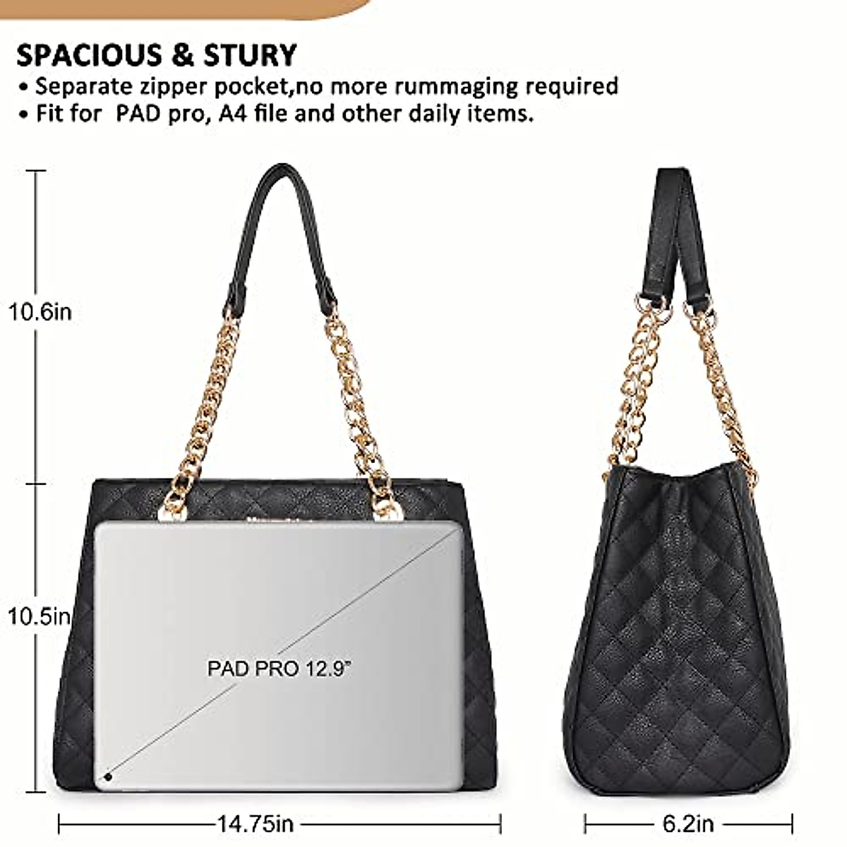 Montana West Shoulder Handbags for Women Quilted Tote Purse Ladies Designer Satchel Hobo Bag with Chain Strap Gift MWC-040BK