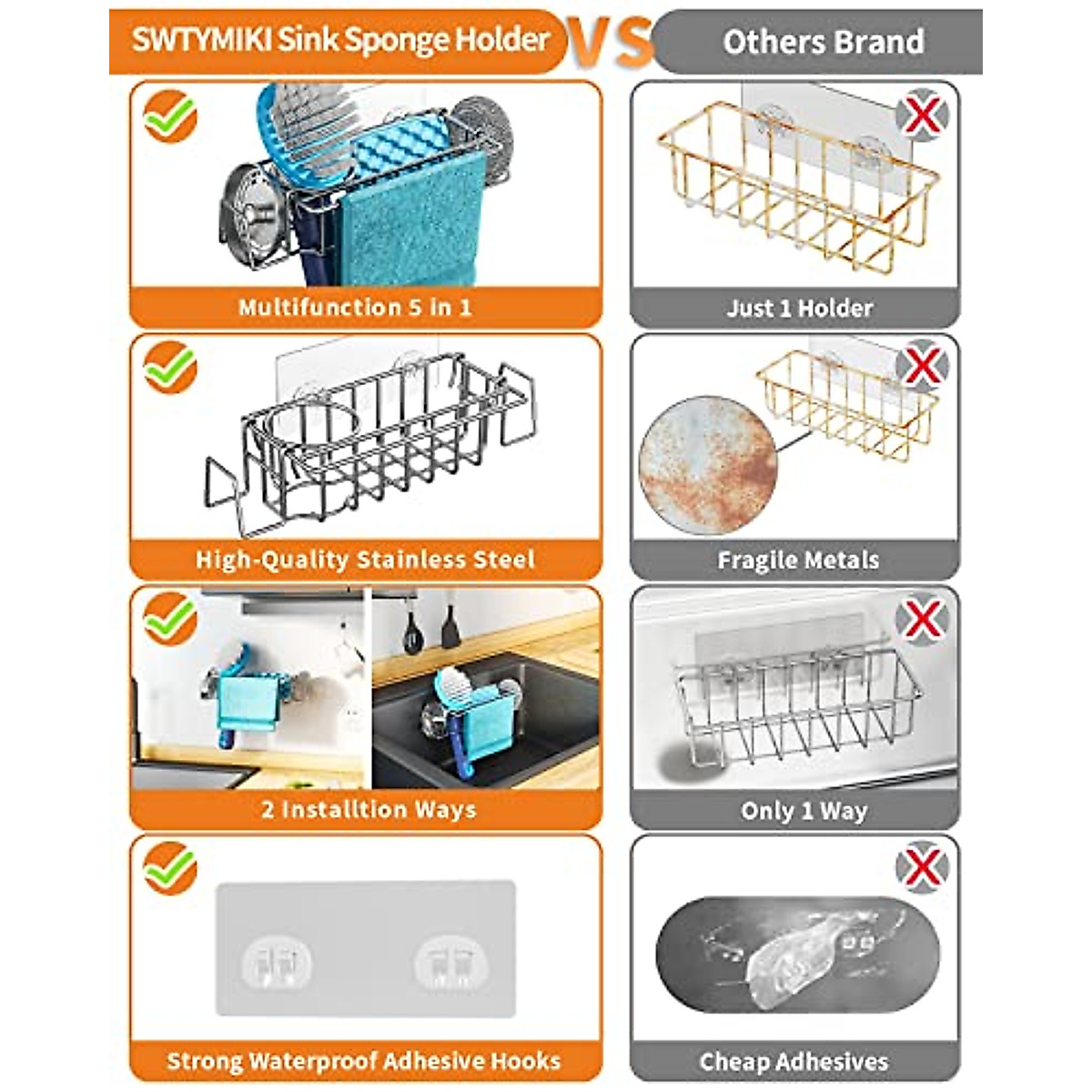 SWTYMIKI 5 in 1 Sink Sponge Holder for Kitchen, Stainless Steel Sink Caddy with Dishcloth Holder for Brush & Sponge in Kitchen Sink Sponge Organizer with 2 Strong Adhesives in Black