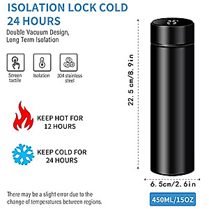 Smart Water Bottle Stainless Steel Vacuum Flask,Travel Mug with Smart LCD Touch Screen, Keep Hot Or Cold, Car Portable Travel Tea Coffee Vacuum Thermoses Cup,Vacuum insulation on double walls (Black)