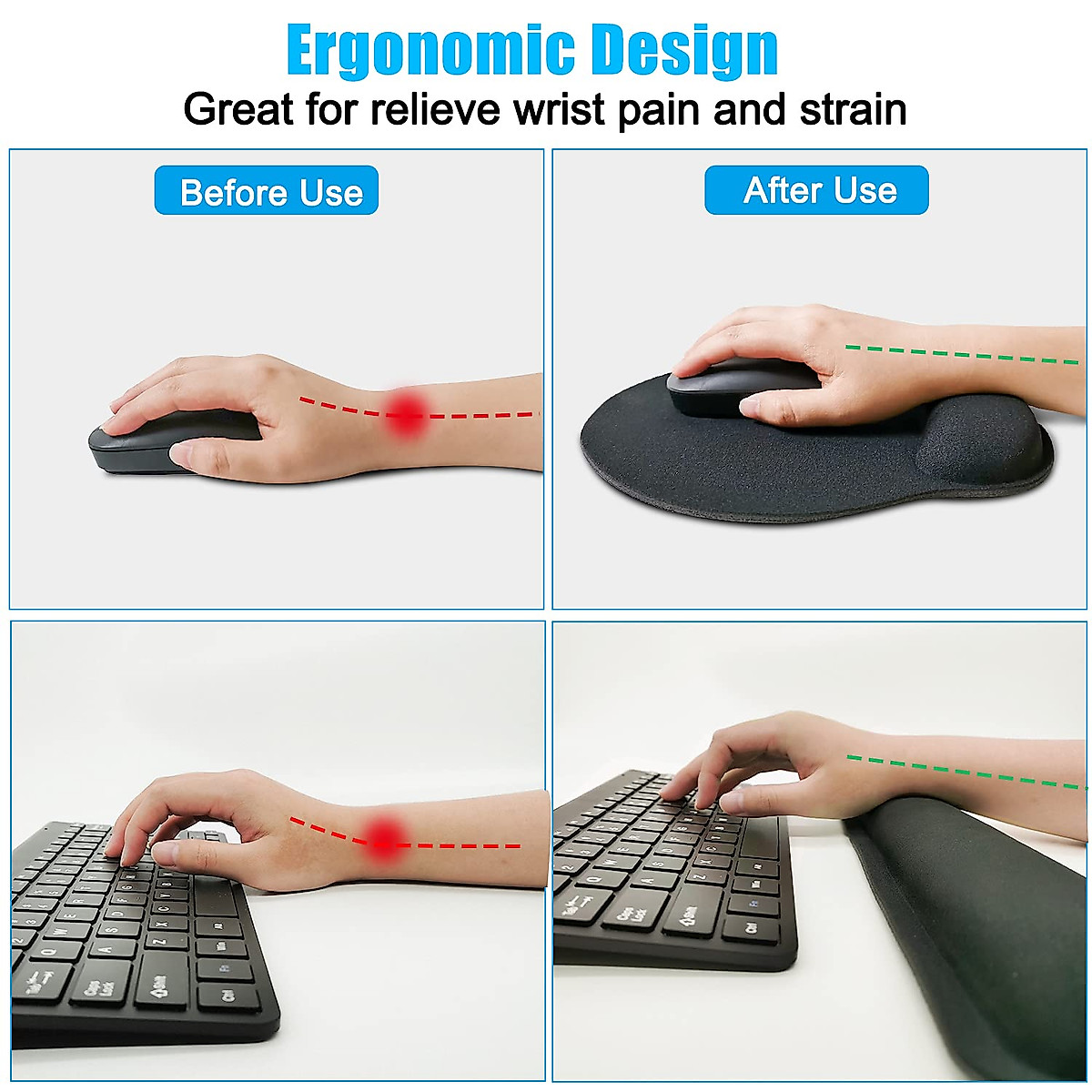 Keyboard Wrist Rest Mouse Pad Wrist Support Pads for Keyboard and Mouse, Ergonomic Memory Foam Wrist Pad for Pain Relief and Easy Typing, Arm Rest for Home & Office Laptop Computer, Black