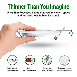 QPLUS 24 Pack 4 Inch 5CCT Ultra-Thin LED Recessed Ceiling Light with Junction Box, 2700K/3000K/3500K/4000K/5000K Selectable ETL,UL,IC, Wet Rated, Energy Star Dimmable Recessed Led Can Lights