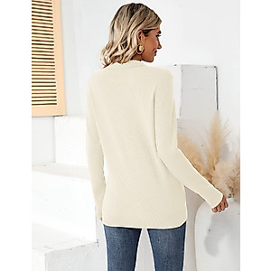 Romanstii Women's Knitted Polo Sweaters Long Sleeve V Neck Collared Shirts Winter Pullover Tops,Beige,L