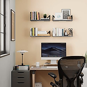 Wallniture Minori Floating Shelves Set of 4, 17"x6" Wood Wall Shelves for Living Room, Bathroom, Kitchen, Office, Bedroom, Gray Wood with Metal Floating Shelf Bracket