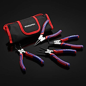 WORKPRO 4-Piece Snap Ring Pliers Set - Heavy Duty 7-inch Internal/External Circlip Pliers Kit (Tip Diameter 5/64'')-Straight/Bent Jaw - Cr-V Steel - For Ring Remover Retaining- Storage Pouch Included