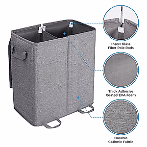 Lifewit Double Laundry Hamper with Lid and Removable Laundry Bags, Large Collapsible 2 Dividers Dirty Clothes Basket with Handles for Bedroom, Laundry Room, Closet, Bathroom, College, Grey and Black
