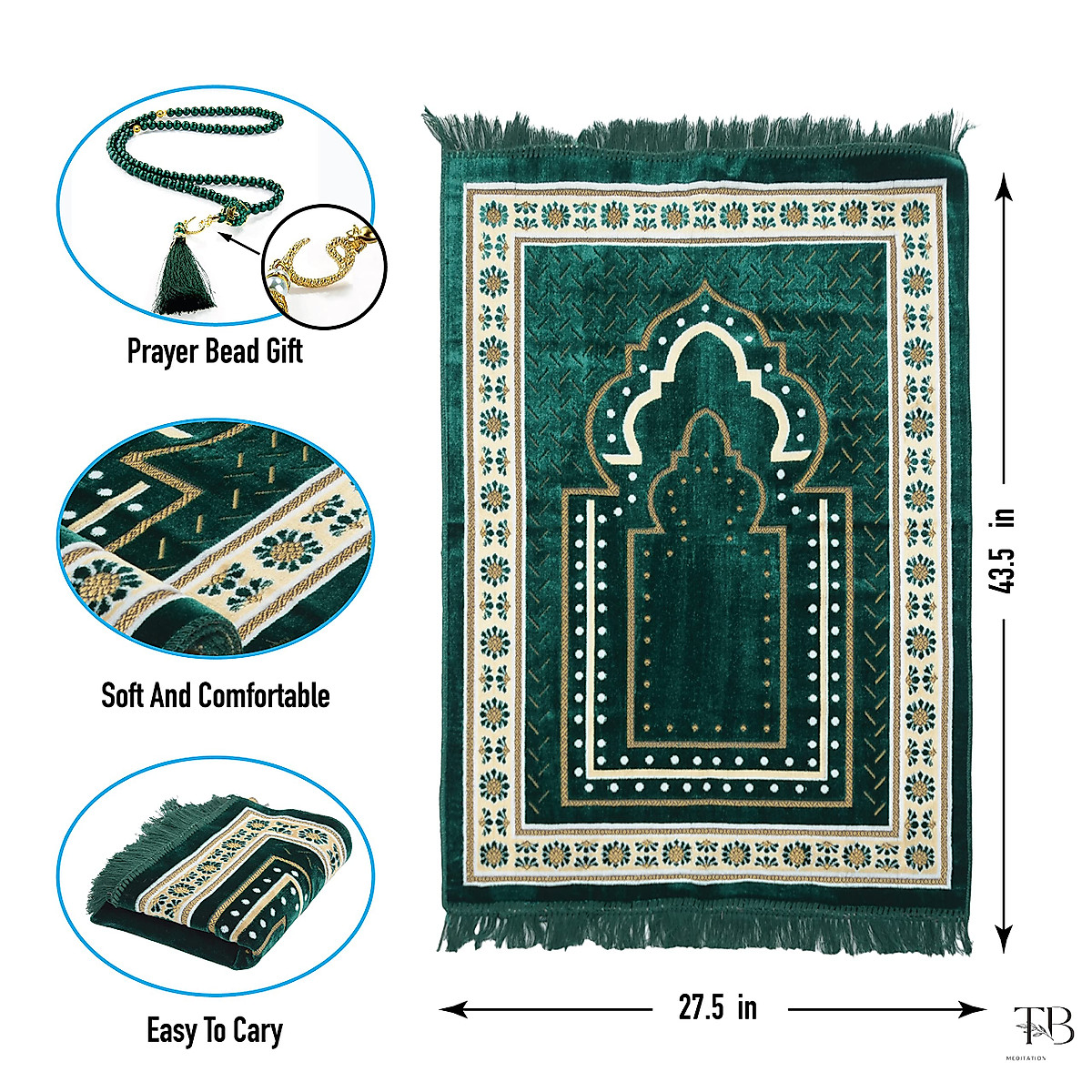 TB Islamic Prayer Rug Thick Soft Velvet Muslim Mat Unique Arabic Turkish African Embroidered Design Prayer Bead Daily Salah Prayer Meditation Ramadan Eid Gift for Women Men Kids (Green)