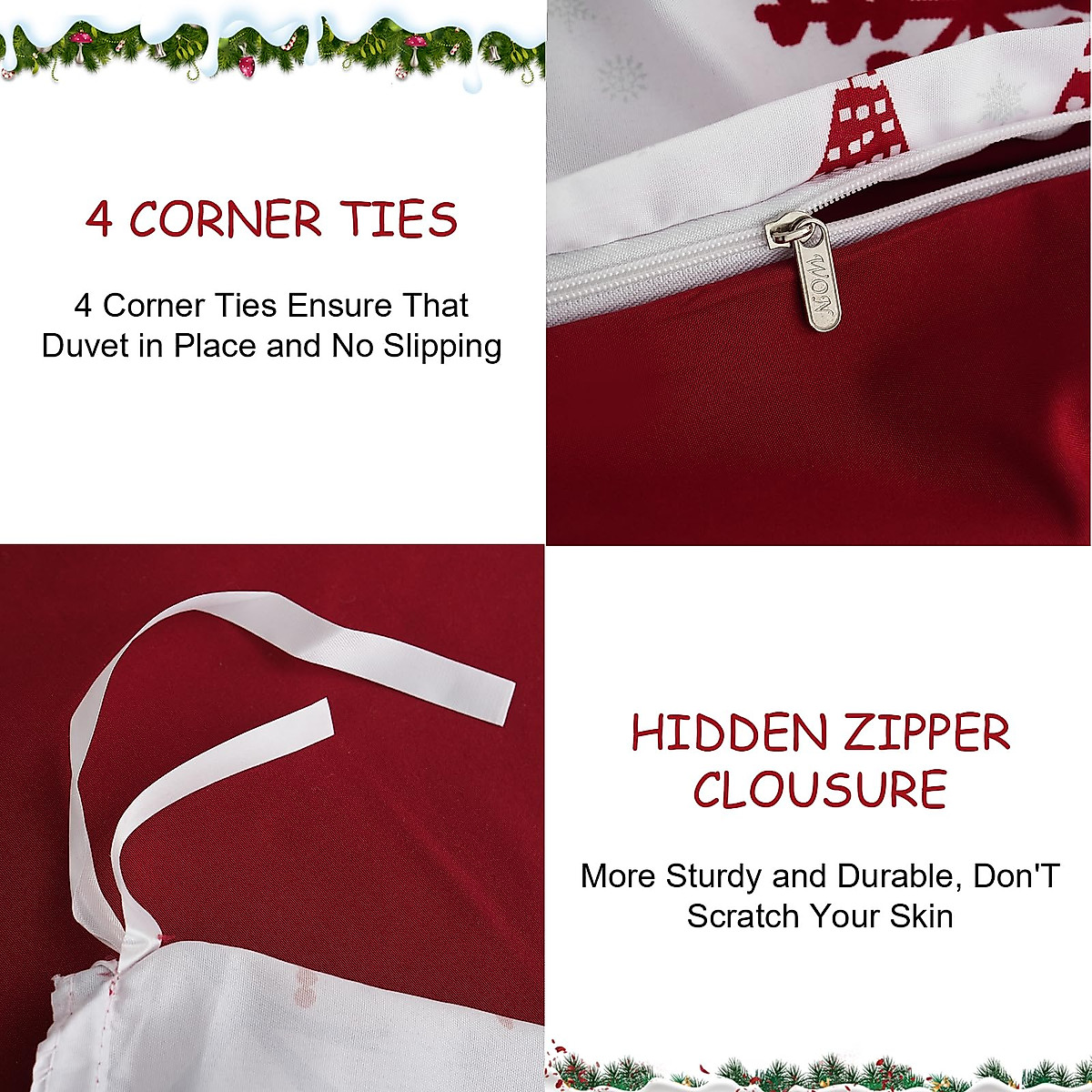 WONGS BEDDING Christmas Duvet Cover Queen, Merry Christmas Elk Snowflake Tree Red Bedding Duvet Covers with Zipper Closure for All Seasons, Red Soft Microfiber Bedding Set Queen 90"×90"