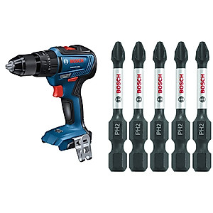 Bosch GSB18V-490N 18V EC Brushless 1/2 In. Hammer Drill/Driver (Bare Tool)&BOSCH ITPH2205 5 Pc. 2 In. Phillips #2 Impact Tough Screwdriving Bit
