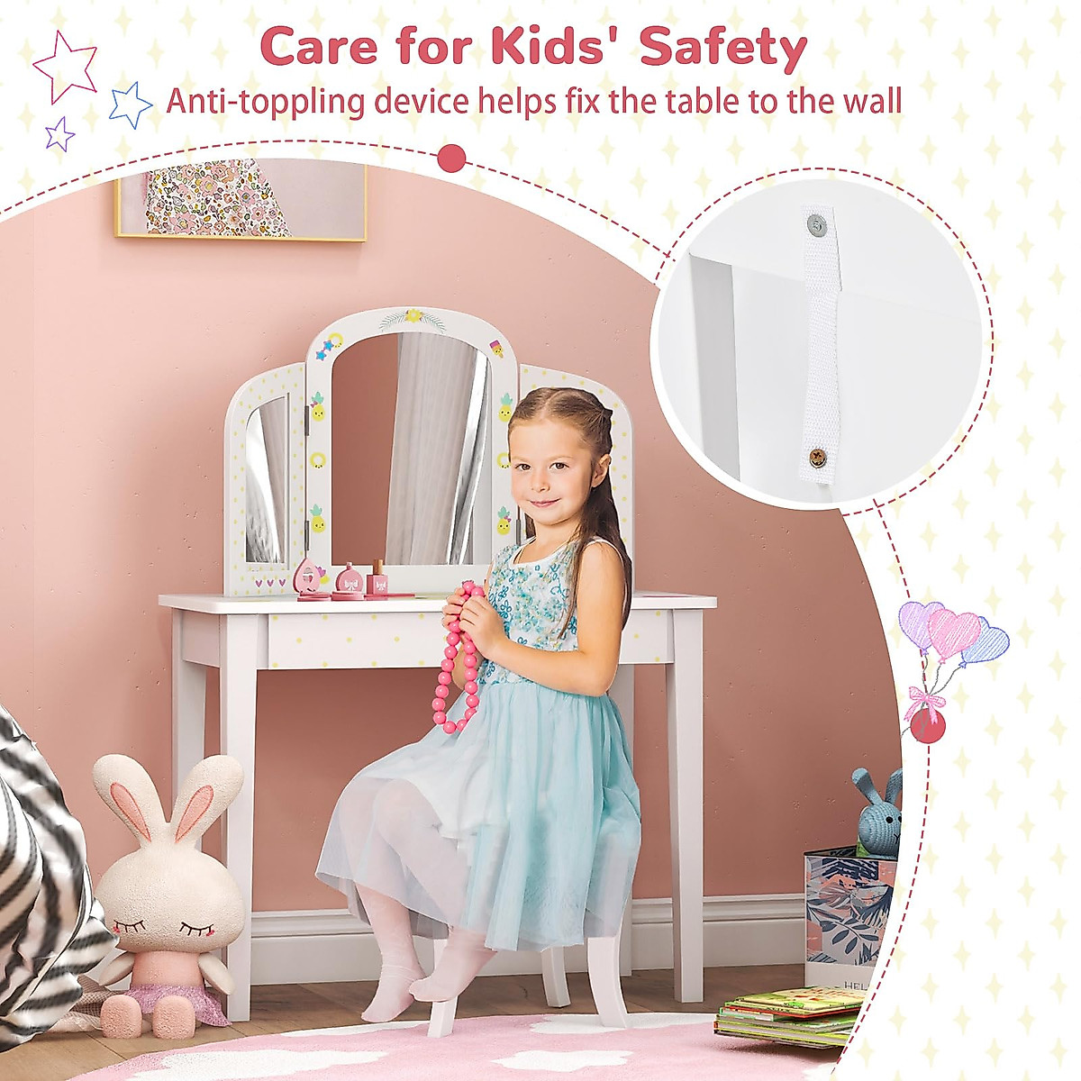 HONEY JOY Kids Vanity Set, Toddler Beauty Makeup Dressing Table w/Stool & Drawer, Tri-Fold Silver Mirror, Detachable Top, Pineapple Theme Wooden Princess Pretend Play Vanity Set for Little Girls