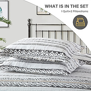 SahSahCasa Quilt King Size, Set, 100% Cotton Boho Quilt, Bedding Set Bedspreads, Bohemian Reversible Lightweight Striped Quilts Bedspread for All Season, White/Grey, 3 Pieces