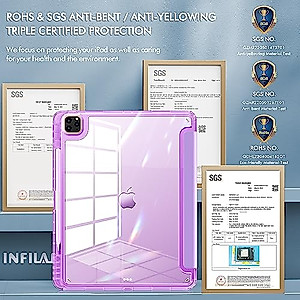 INFILAND Compatible with iPad Pro 12.9 Case 2022/2021(6th/5th Gen), [Crystal Clear Both Back & Frame] Anti-Yellowing + Pencil Holder (A2378, A2461, A2379, A2462, A2436, A2764, A2437, A2766) Purple