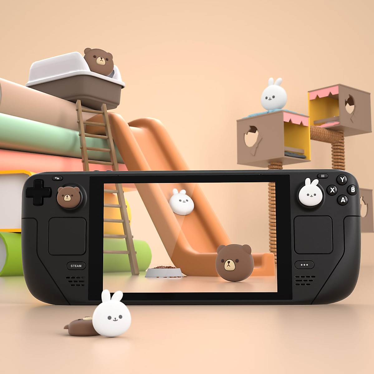 PlayVital Thumb Grip Caps for Steam Deck LCD, Silicone Thumbsticks Grips Joystick Caps for Steam Deck OLED - Chubby Bear & Smiley Bunny