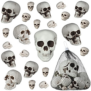 Leyndo 23 Pcs Halloween Skeleton Head Muti Size Mini Plastic Skull Props Realistic Looking Skulls Human Skeleton with Net Bag for Halloween Party, Halloween Decor Props, Bar Home Table Decoration