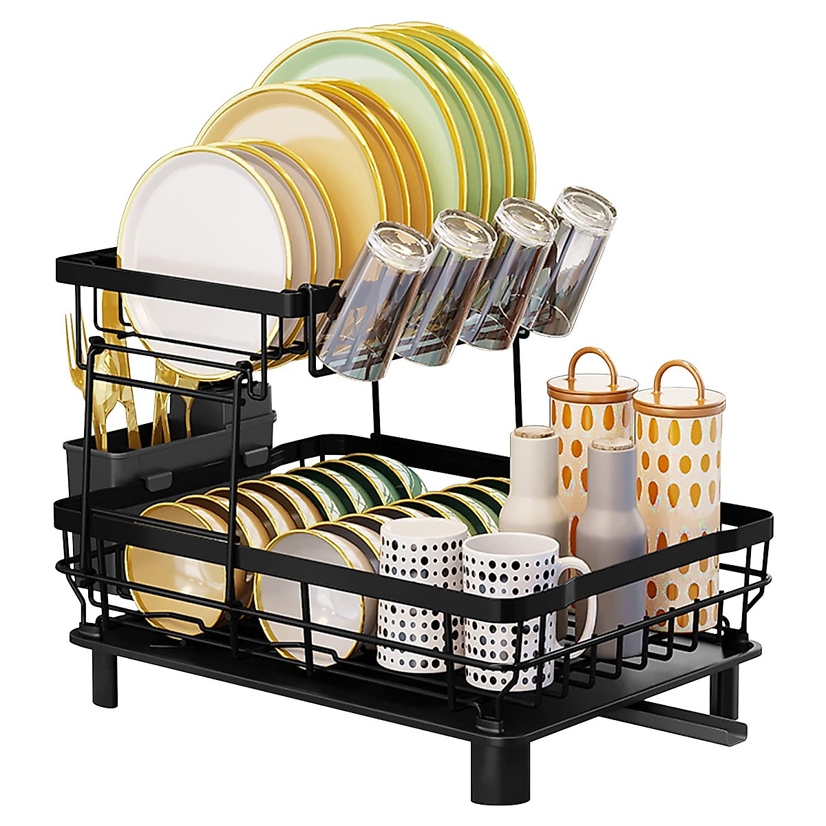 Vanleonet Dish Drying Rack with Drainboard Set, 2 Tier Stainless Steel Large Dish Racks with Drainage, Dish Drainers with Wine Glass Holder, Utensil Holder and Extra Drying Mat