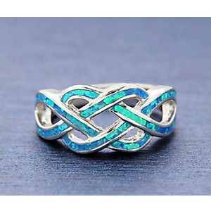 Crisscross Infinity Celtic Created Blue Opal Ring 925 Sterling Silver, Size - 8