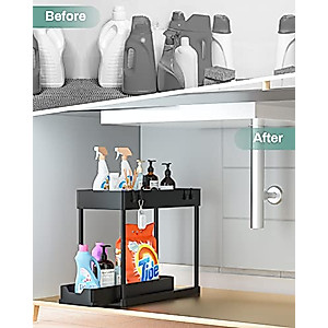 Gaclibl Under Sink Organizers and Storage, 2 Tier Under Cabinet Organizer with 4 Hooks Pull Out Under Sink Storage for Bathroom Kitchen Cabinet Counter Pantry, Black