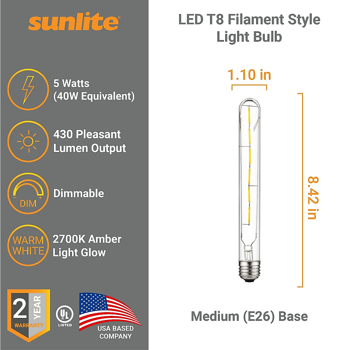Sunlite LED Filament T8 Tubular Light Bulb, 5 Watts (40W Equivalent), 430 Lumens, Medium E26 Base, Dimmable, 214 mm, UL Listed, 2700K Soft White, 6 Count