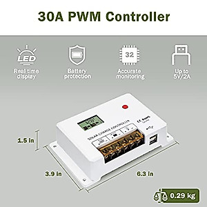 HQST 30Amp 12V/24V PWM Solar Charge Controller Regulator with LCD Display, Dual USB Ports, for Lithium, Sealed, Gel, Flooded Batteries