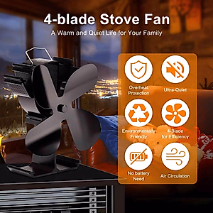 4-Blade Heat Powered Stove Fan for Wood / Log Burner/Fireplace - Eco Friendly(Black)