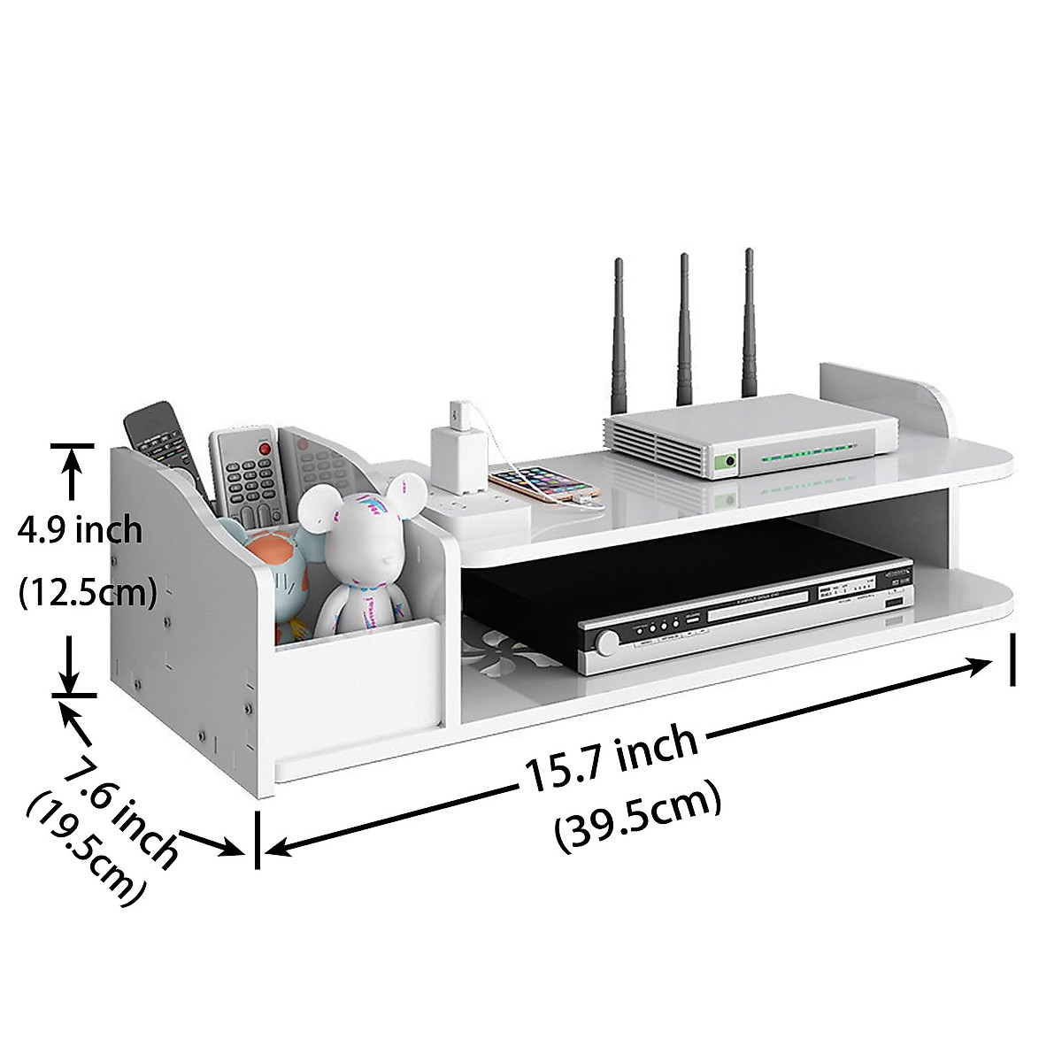 Catekro Floating Wall Shelf for WiFi Router, Router Fences, Comes with Four Shelf Brackets and 100 pcs Black Cable Zippers, Floating Shelf for Cable Boxes, Digital Media Router, Games Consoles