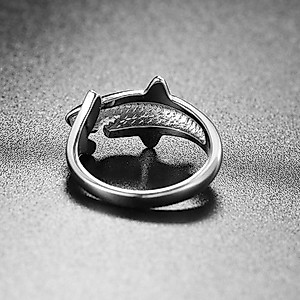 NewZenro Shark Red CZ Eye Open Adjustable Statement Wrap Rings For Women Men Sterling Silver Plated Band Finger Animal Personalized Fashion Punk Ring Jewelry Gifts Daughter Birthday