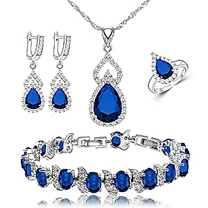 LMXXVJ Women Jewelry Set Platinum Plated Necklace Open Ring Earrings Bracelet Set,Birthday/Anniversary Mother’s Day Jewelry Gifts for Mom/Wife/Sister/Best Friend (blue, Adjustable)