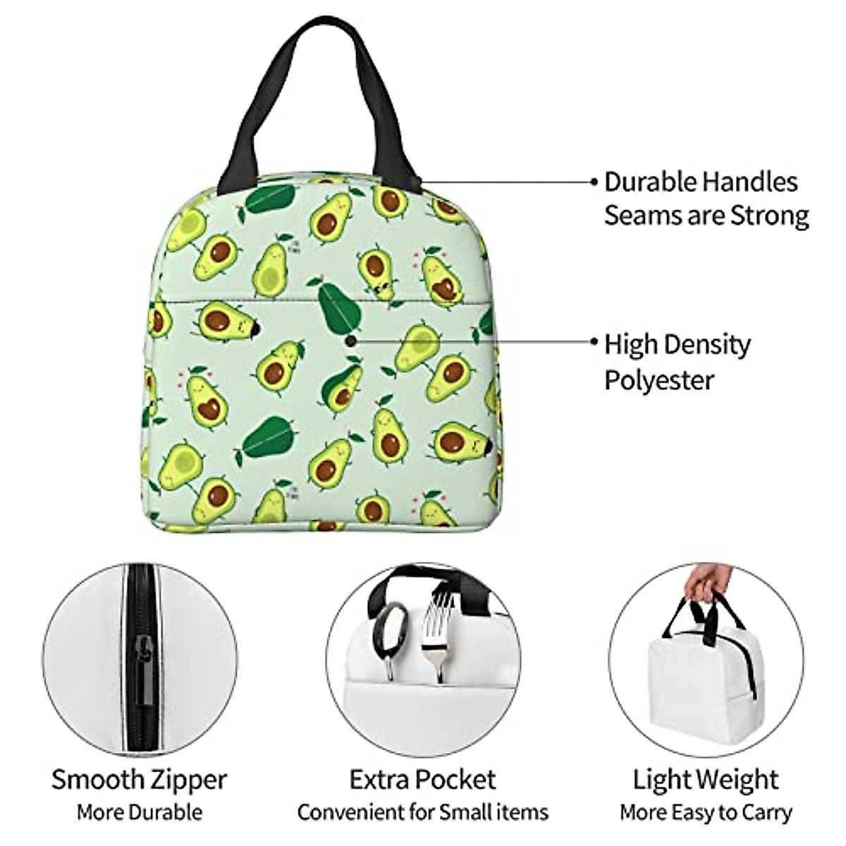 Echoserein Cute Avocado Fun Fruits Lunch Bag Insulated Lunch Box Reusable Lunchbox Waterproof Portable Lunch Tote For Women Men Girls Boys