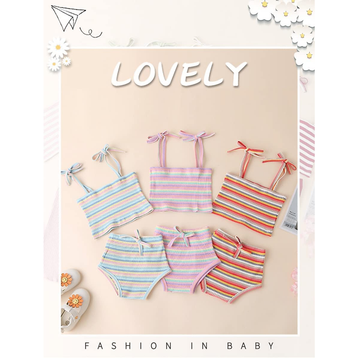 MODNTOGA Newborn Toddler Baby Girls Summer Clothes Set Rainbow Outfits Sleeveless Halter Tank Top Striped Shorts Pants (Blue Yellow, 3-6 Months)