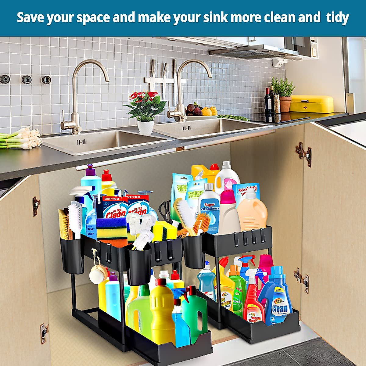 Under Sink Organizers and Storage, Pull Out Undersink Organizers Basket, 2 Tier Bathroom Cabinet Storage with Towel Rack Hooks, Hanging Cup, Multi-purpose Storage Shelf for Kitchen Toilet