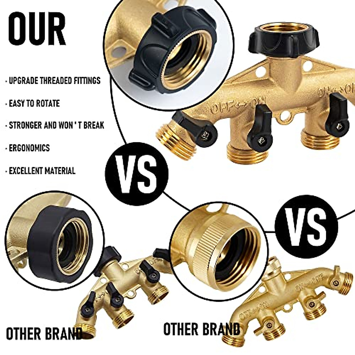 Hourleey Brass 4 Way Heavy Duty Garden Hose Splitter, Water Hose Splitter for 3/4" Hose Connector, Hose Faucet Splitter Hose Spigot Adapter 4 Valves with 4 Rubber Washers & Tape