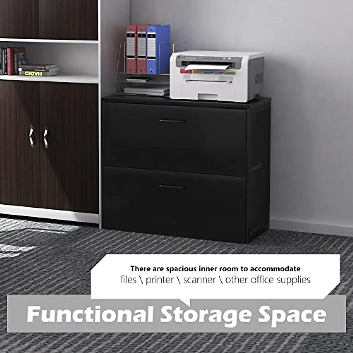 TOPSKY 2 Drawers Wood Lateral File Cabinet for Letter Size/A4/Legal File Full Extension Soft Close Concealed Slide (Black)