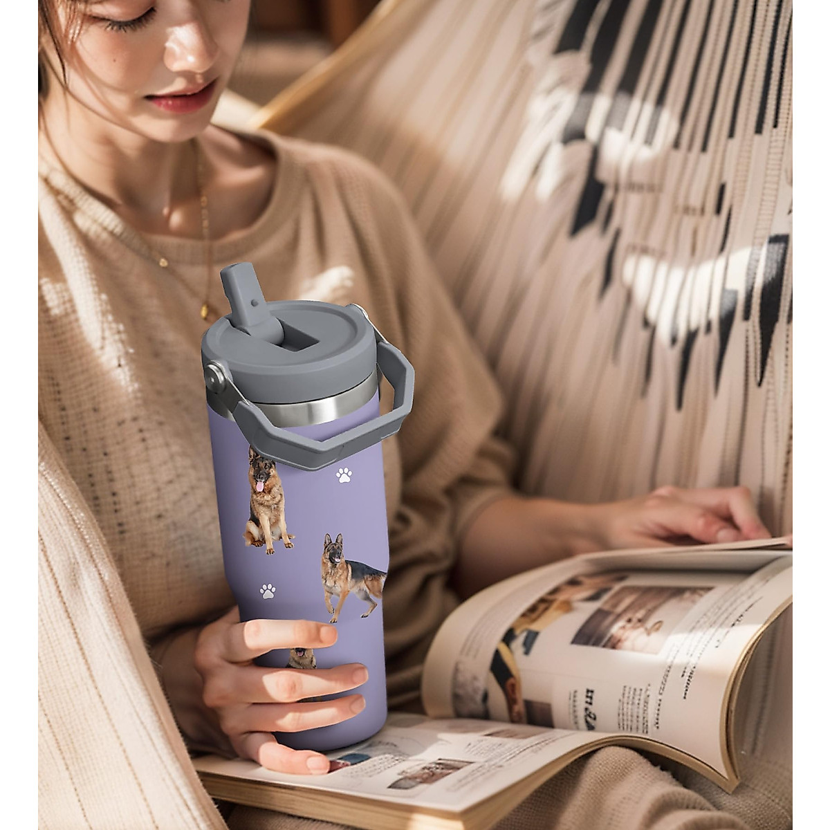 Caiibaoob German Shepherd Tumbler for German Shepherd Owners, 30oz Stainless Steel Vacuum Insulated Water Bottle (German Shepherd-Lavender)