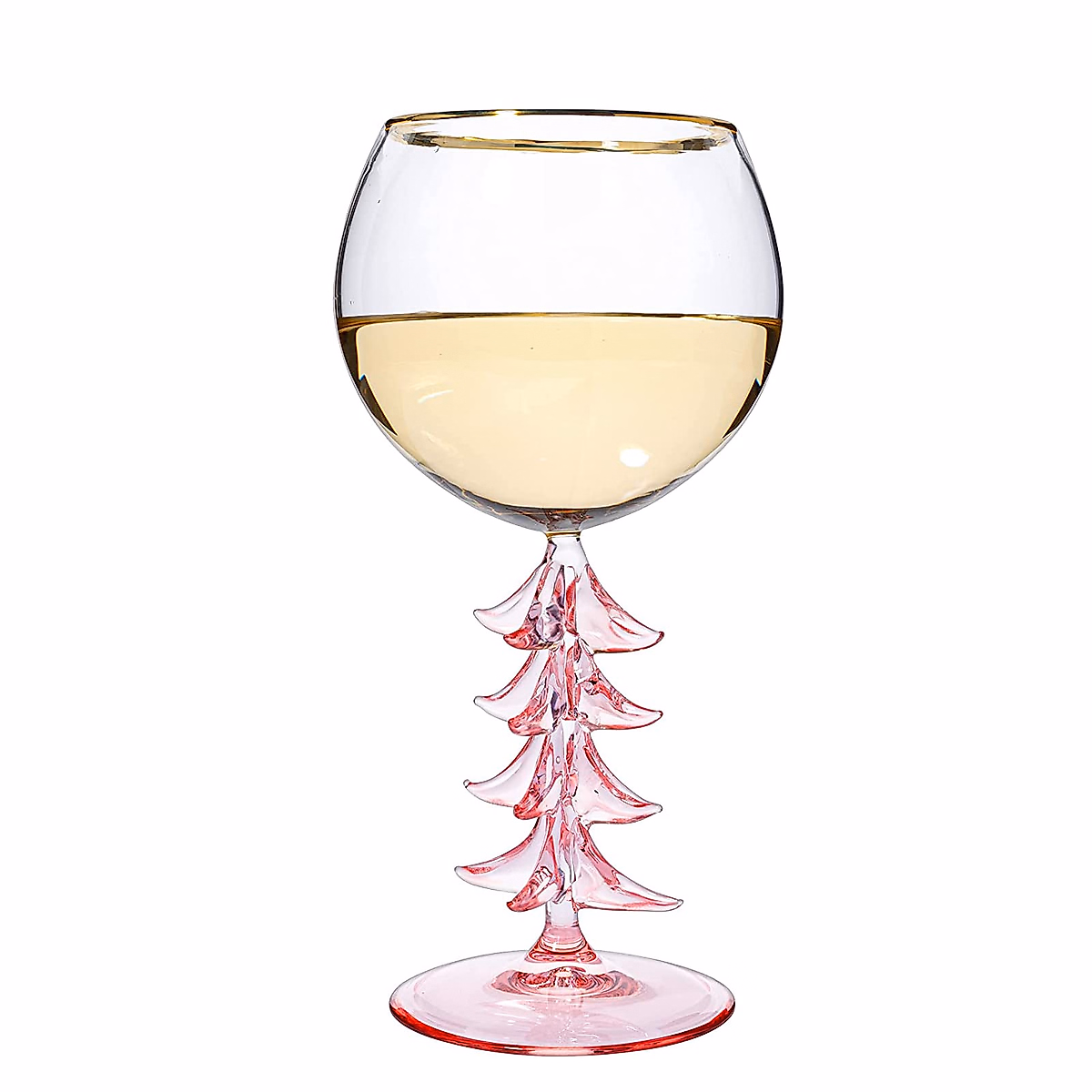 Crystal Winter Tree Stemmed Wine Glass - Pink - 12oz Goblet Bordeaux Gold Rim Colored Glassware, Cheerful Party Festive New Years Cheer for Winter Gift