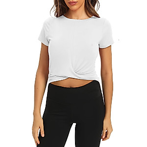 Bestisun Womens Cute Workout Crop Tops Sport Yoga Shirts Activewear Short Sleeve Tops Cropped T Shirts Athletic Crop Tops for Women White S