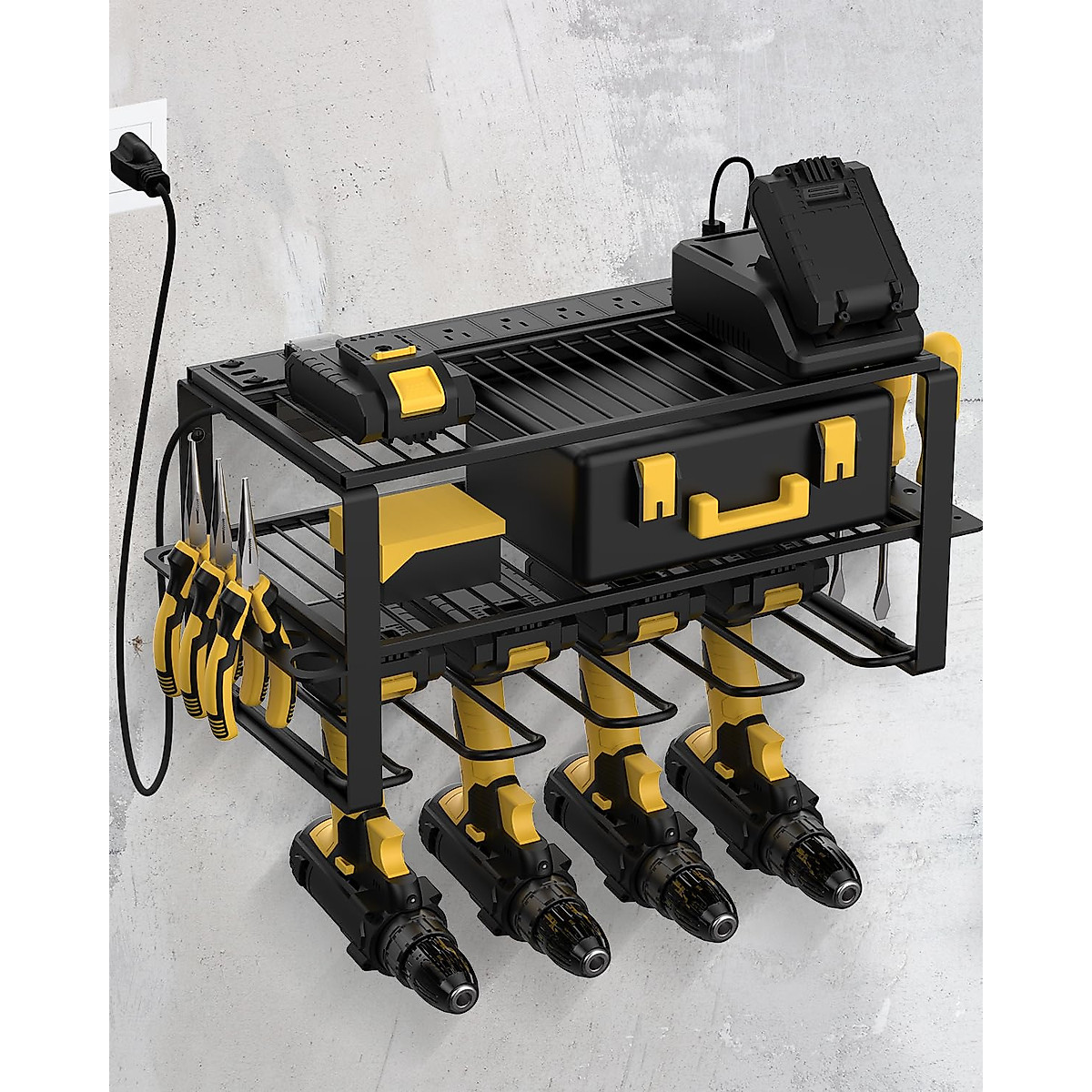 Wall Mount Power Tool Organizer and Charging Station - 6 AC Outlets, 3 Layers for Drills, Great as Heavy Duty Garage Tool Rack