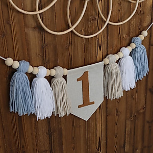 Handmade Boho 1st Birthday High Chair Banner Party Decoration For Girl Baby Shower Blue And White Wall Hangings Decorative For Kids Bedroom