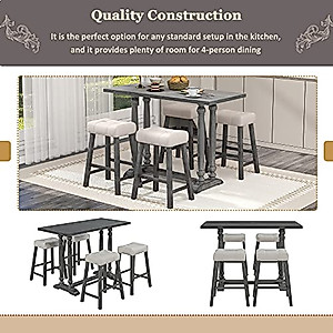 FIQHOME 5-Piece, Counter Height Furniture with Rectangular 4 Upholstered Stools, Rustic Style Table Set for Kitchen, Dining Room,Gray