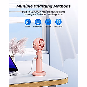 Otlonpe Handheld Fan, Mini Portable Fan[Hand Desk Neck 3 IN 1], Turbo Hand Held Fan 130°Rotatable Rechargeable Personal Fan, Small Hand Fan with 3 Speeds/Base/Lanyard for Travel Outdoor Home Office