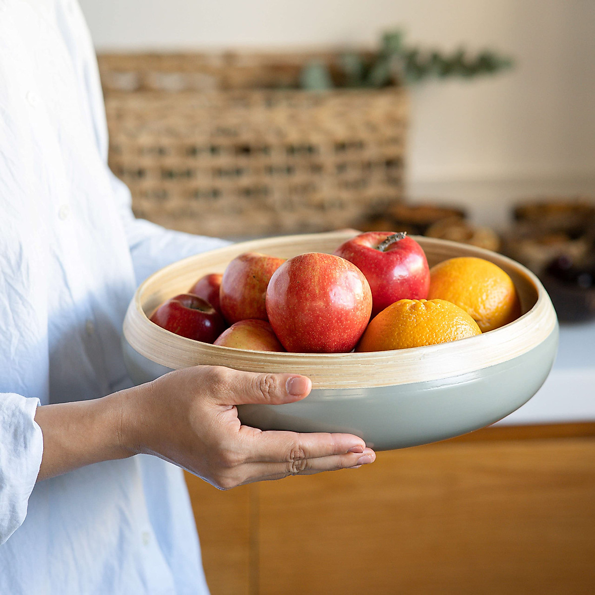 Kiwi Homie 11.81" Spun Bamboo Fruit Bowl, Bamboo Salad Bowl, Modern Large Serving Bowl, Decorative Bowl for Kitchen, Party, BBQs, Natural Handicrafted Bamboo Bowl (Grey)