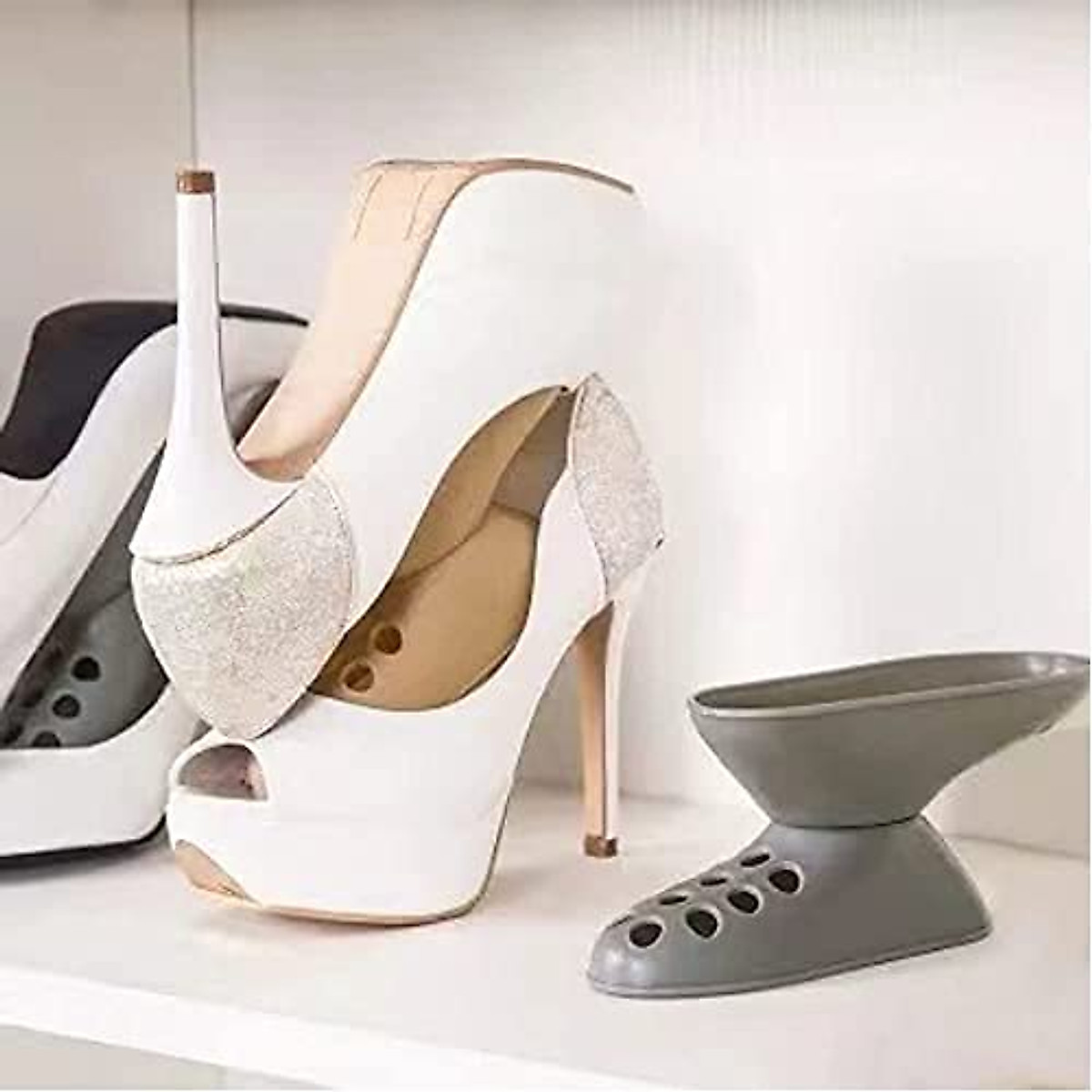 Bayou Shoe Space Saver for High Heels, 8 PCS Removable Double Deck Shoe Rack Holder, Stackable Shoe Stacker for Closet Organization, 50% Space-Saving (Grey)