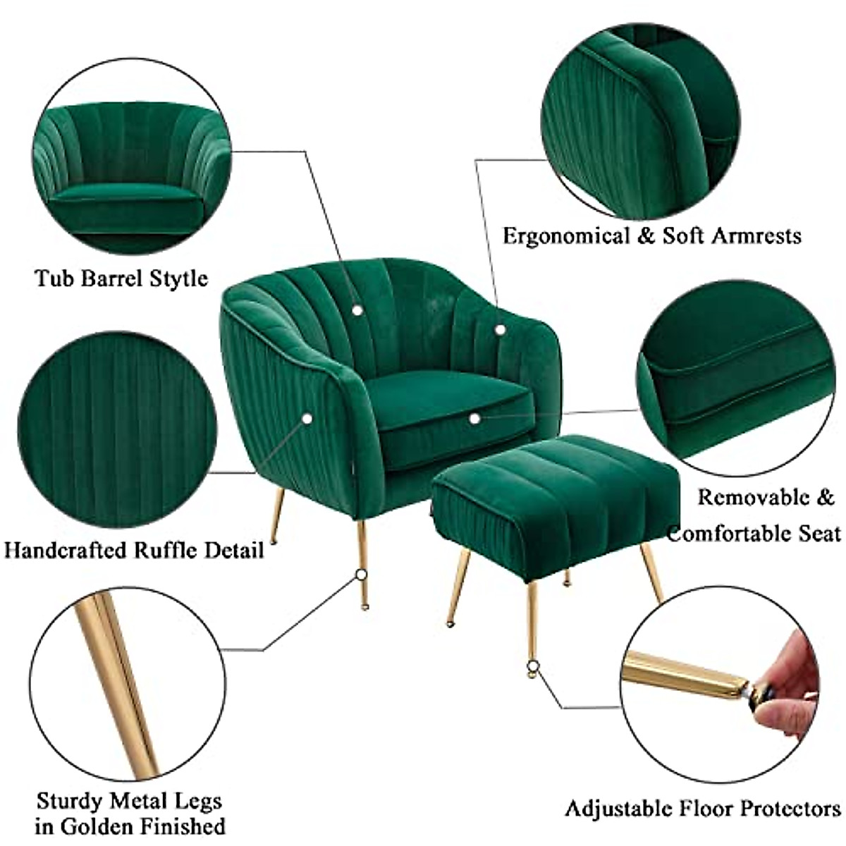 Altrobene Velvet Accent Chair with Ottoman, Modern Tufted Barrel Chair Ottoman Set for Living Room Bedroom, Golden Finished, Christmas Green