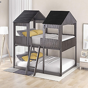 HABUHOME Full Over Full House Bunk Bed with Roof, Wood House Bunk Bed with Window, Guardrail, Ladder for Kids, Teens, Girls, Boys,Gray