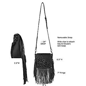 Montana West Handcrafted Leather Convertible Clutch Crossbody Handbag Biker Bag w Fringe (Black Studded w Buckle)