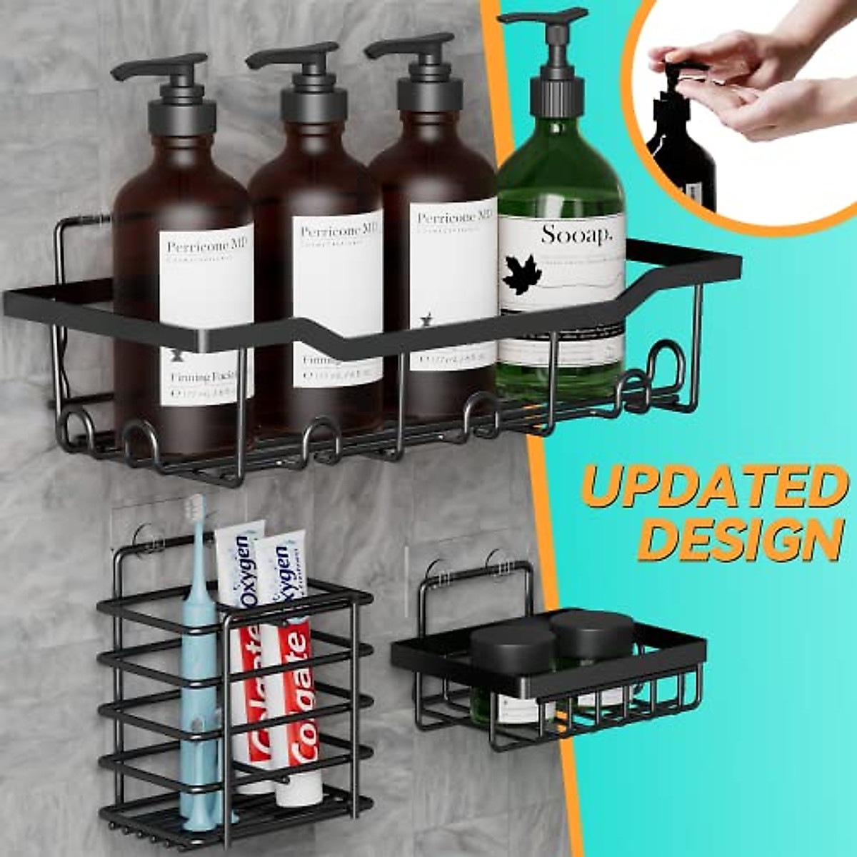 Super Strong Adhesive Shower Shelves for Inside Shower, Sturdy 3 mm Thickness Wire Shower Caddy with 7 Hooks, No Drilling Wall Mount Bathroom Organizer, Stainless Steel, Large Capacity, 5 Pack, Black
