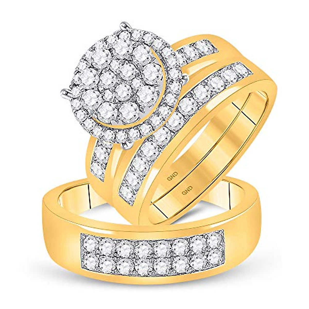 Solid 14k Yellow Gold His and Hers Round Diamond Cluster Matching Couple Three Rings Bridal Engagement Ring Wedding Bands Set 1-7/8 Ct. - (L = 6.5, M = 8)