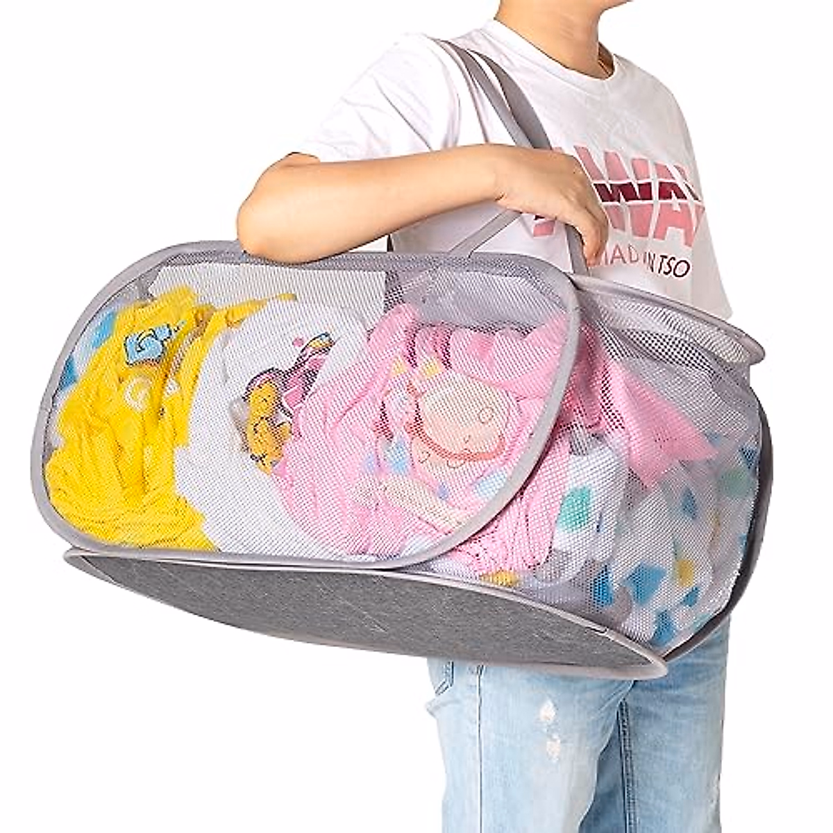 Tengou 62L Collapsible Pop up Laundry Basket, Reinforced Handles, Removable Dividers，Easy to Go Up and Down Stairs, breathable mesh Large Laundry Hamper for Clothes