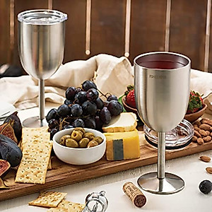 FineDine Stainless Steel Drinking Cup, Wineglasses, Double-Walled Insulated Unbreakable Goblets, BPA-Free Leak-Resistant Lid for Red White Wine, Brushed Metal, 12 Ounces